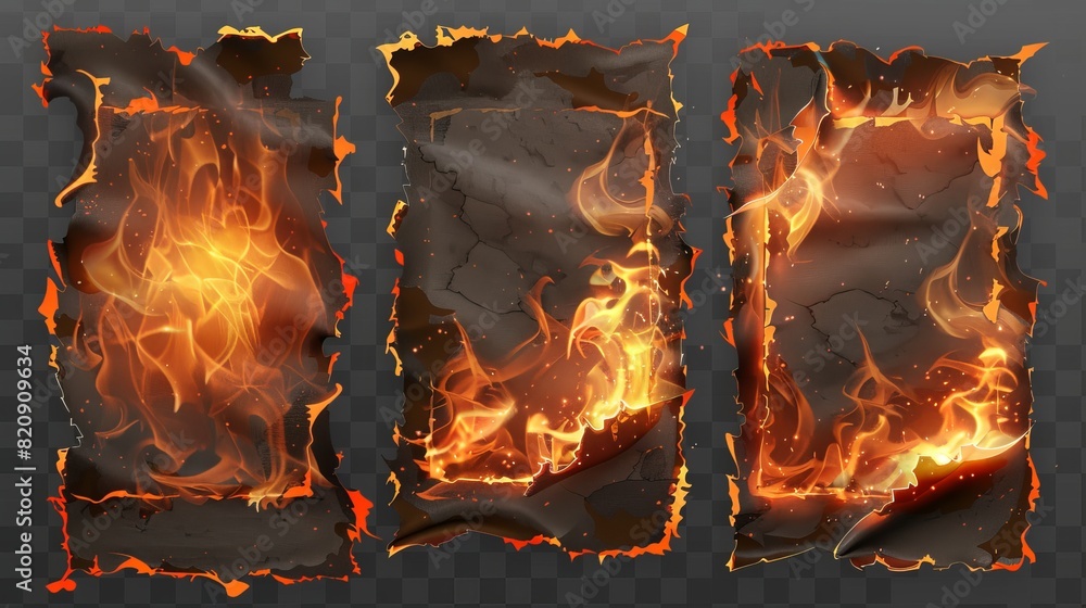 Fire burning paper edges isolated on transparent background. Modern ...