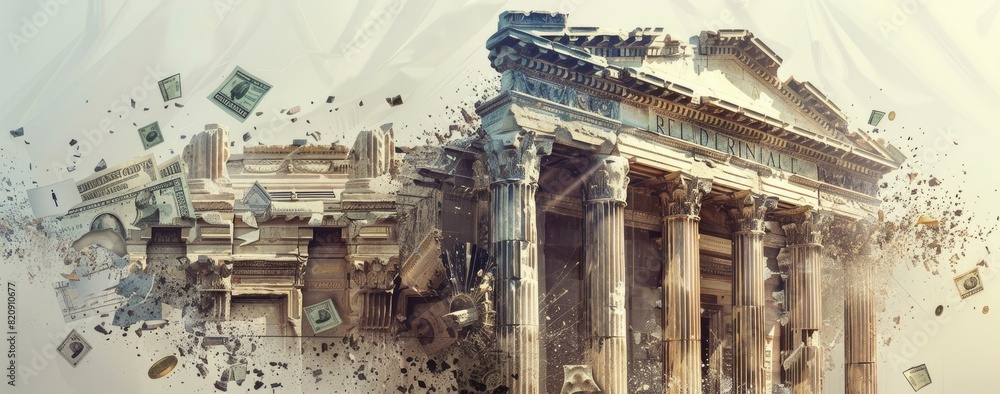 The broken bank building still retains vestiges of its former grandeur ...