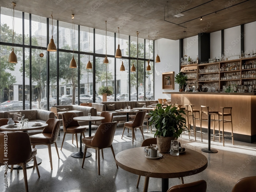 Sunlight filters through large windows, casting warm glow on modern ...