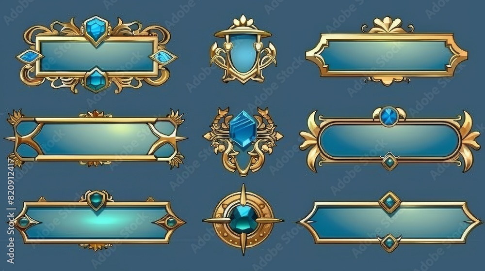 Fantasy game border UI button frame design. Gold metal interface ...