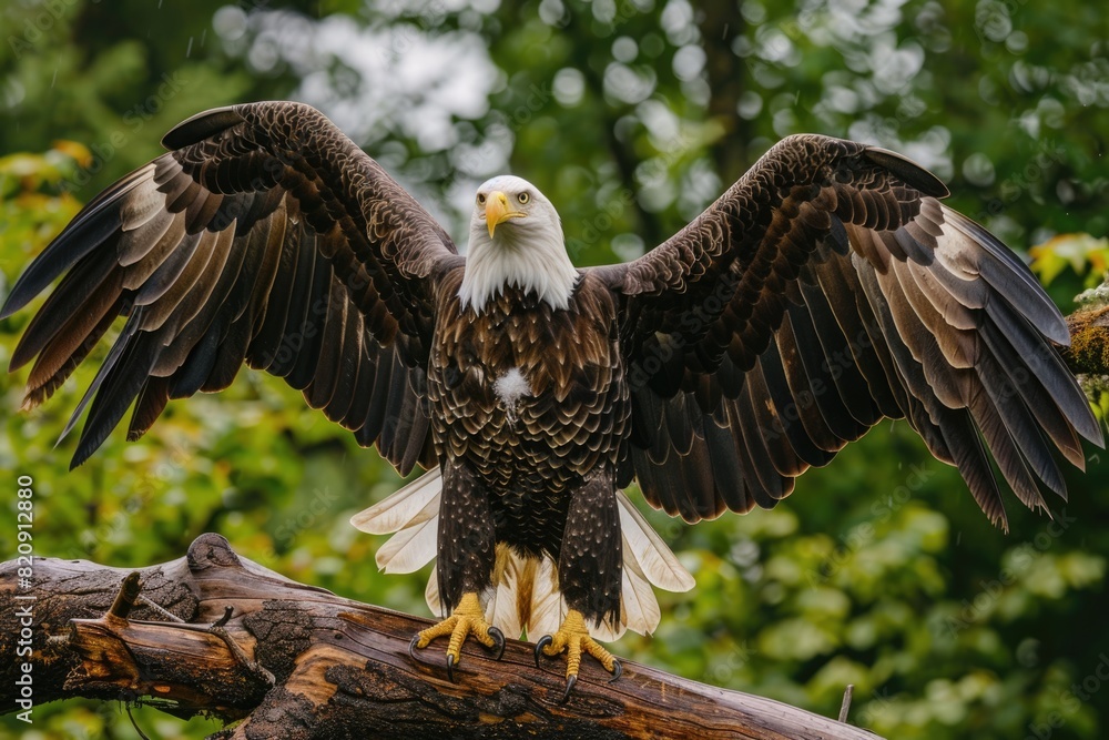 Bald eagle with open wings, sitting on a tree branch in a natural ...