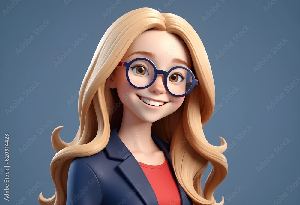 Cartoonistic 3d little girl with long shiny hairs with wearing glasses ...