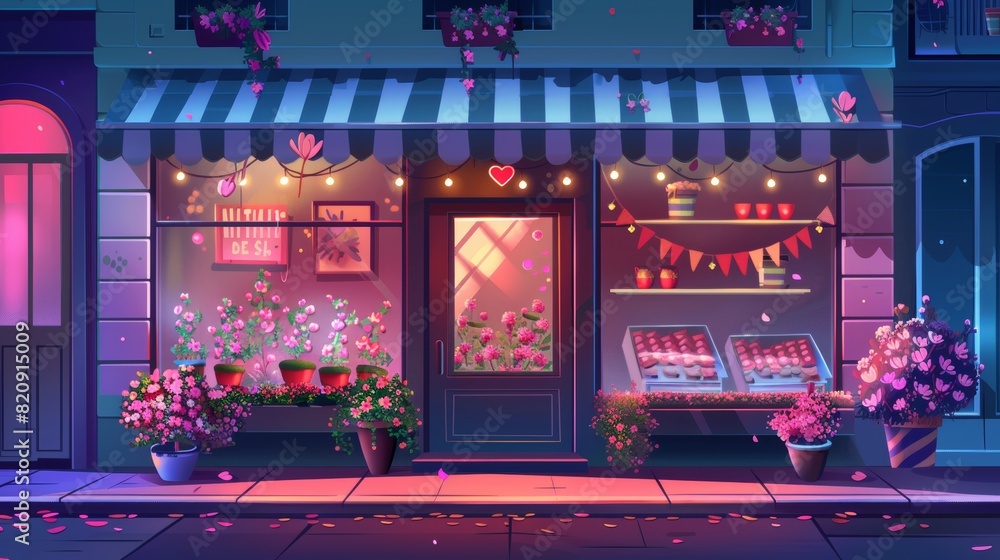 Flower shop facade in night city street. Modern cartoon illustration of ...