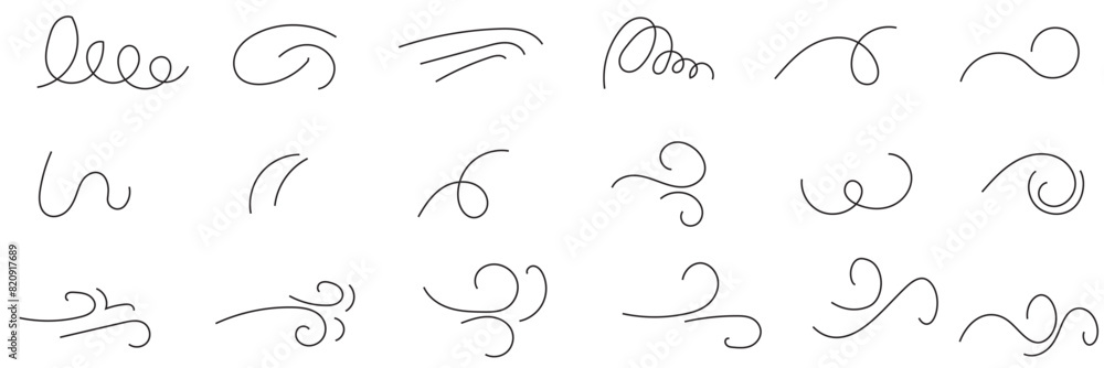 Doodle wind line sketch set. Hand drawn doodle wind motion, air blow ...