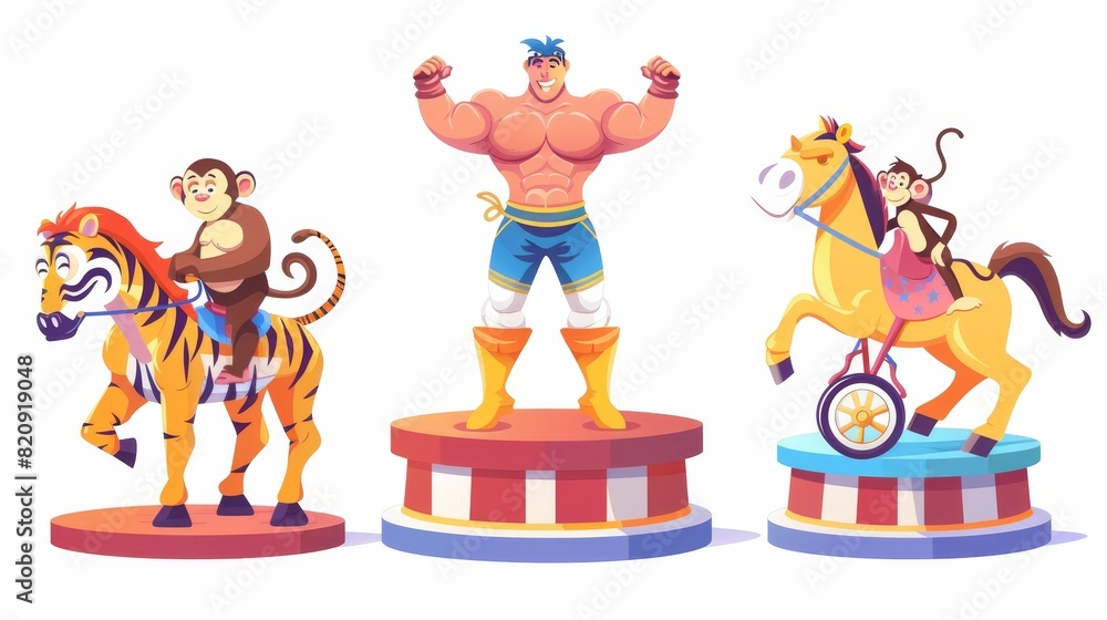 A circus strongman shows off his muscles, sits on a podium, rides a ...