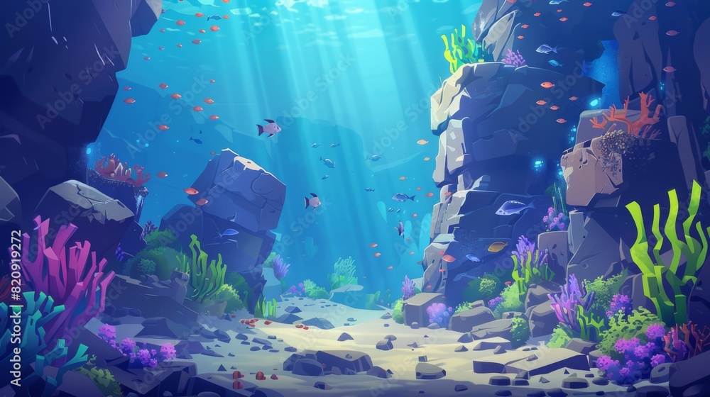Aquatic habitat wildlife drawing environment. Ocean underwater boulder ...