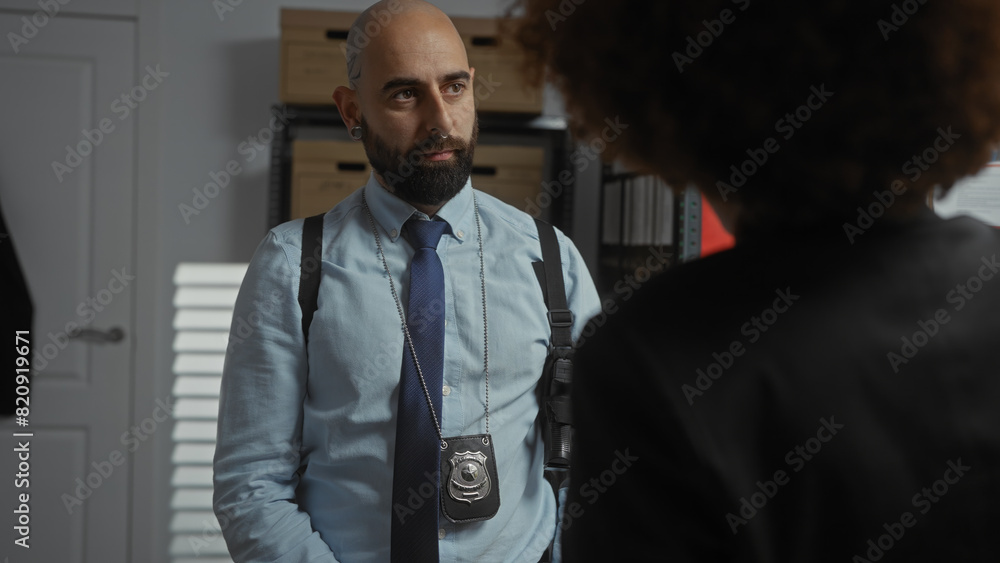 Man with badge engaging with woman in police station, implying a ...