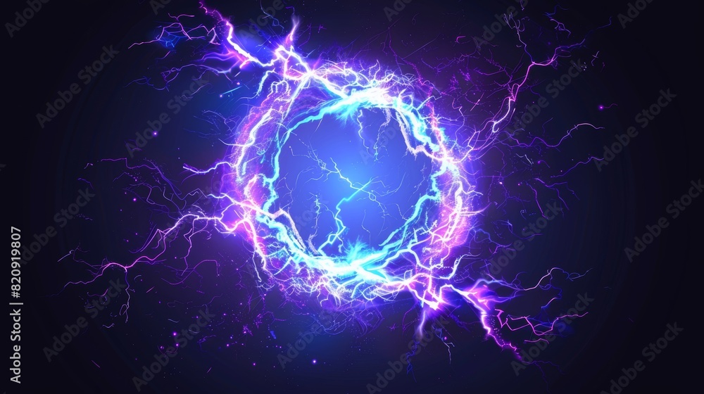 Lightning circle bolt explosion. Magic thunder power effect in blue and ...