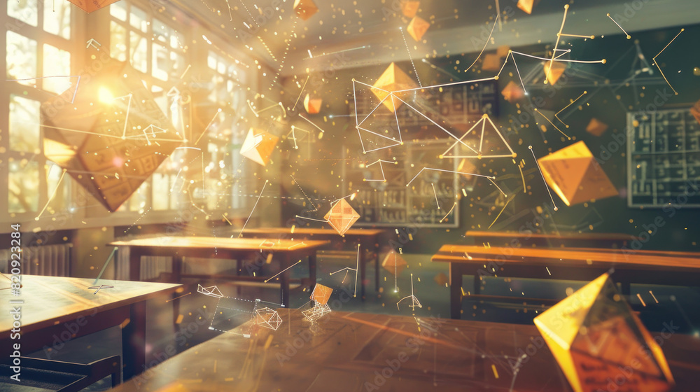 Visualization of a math class with geometric shapes and formulas ...