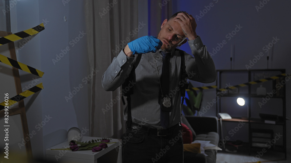 Tired detective with badge in a dimly lit living room crime scene ...