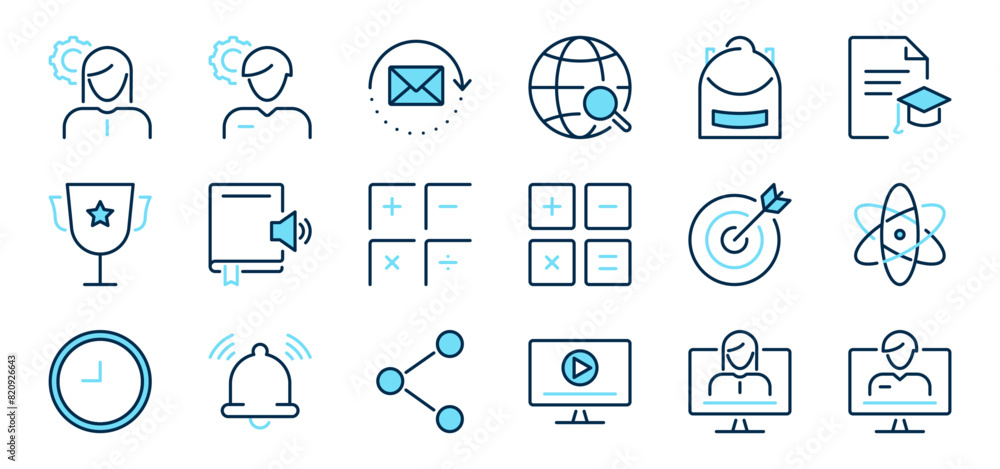 E-learning and education line color blue icons set. Home schooling ...
