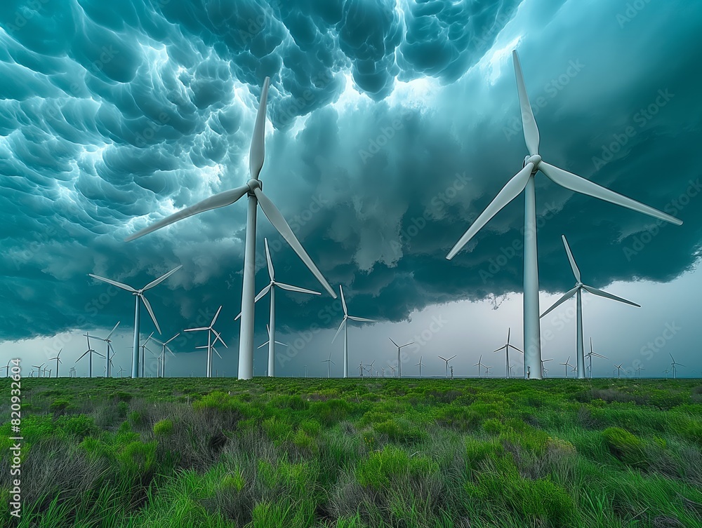 A field of wind turbines is shown in the midst of a storm. The turbines ...