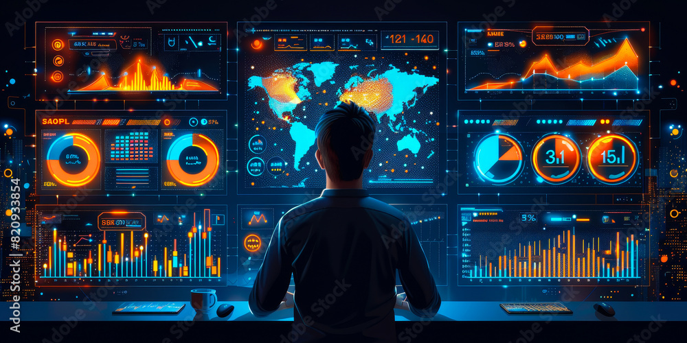 Young energetic businessman or analyst analyzing glowing animated data ...