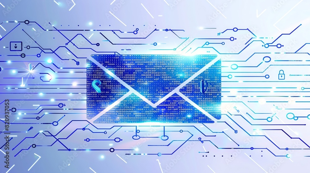 Abstract email symbol with digital circuits, modern, blue and white ...