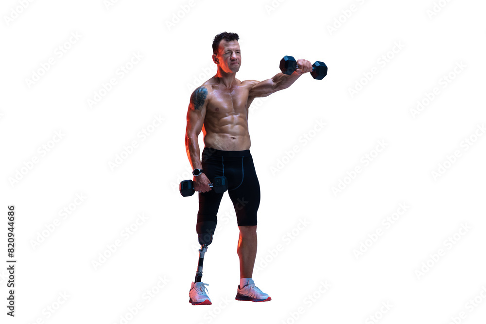 Muscular shirtless man with with prosthetic leg lifting dumbbells ...