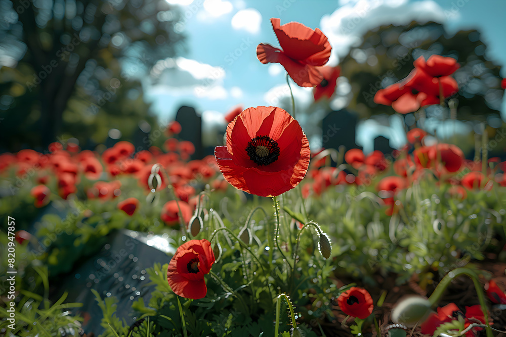Tombstones adorned with red poppies and American flags on Memorial Day ...