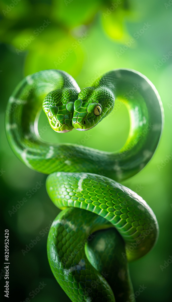 Green snakes forms a perfect heart shape, captured against a leafy ...