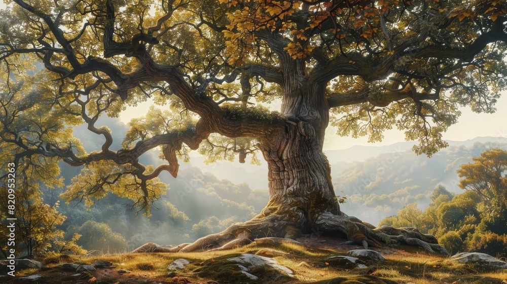 Illustrate a finely detailed traditional oil painting of a grand oak ...