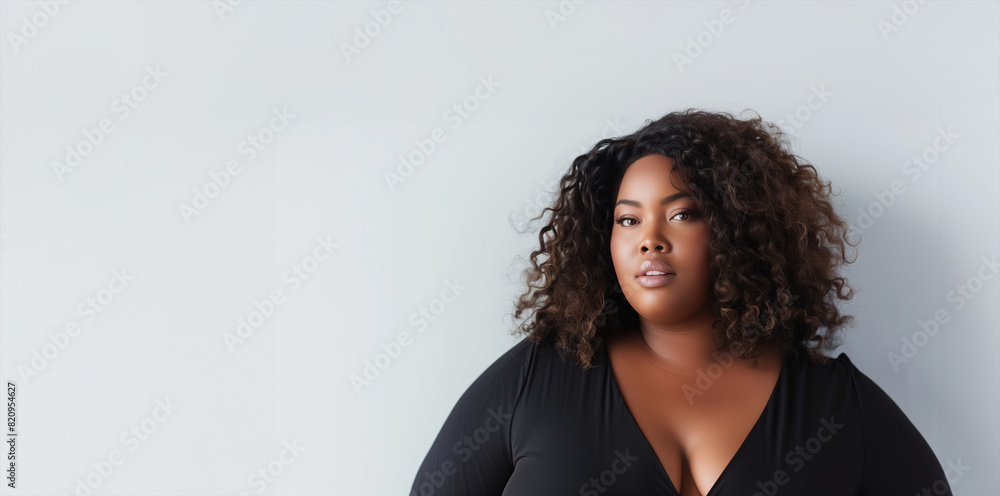 A woman with curly hair and a large bust stands in front of a white ...