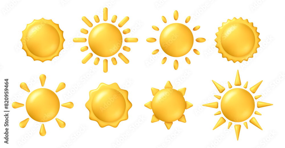 Sunny bright sun with rays and warming sunshine. Vector isolated set of ...