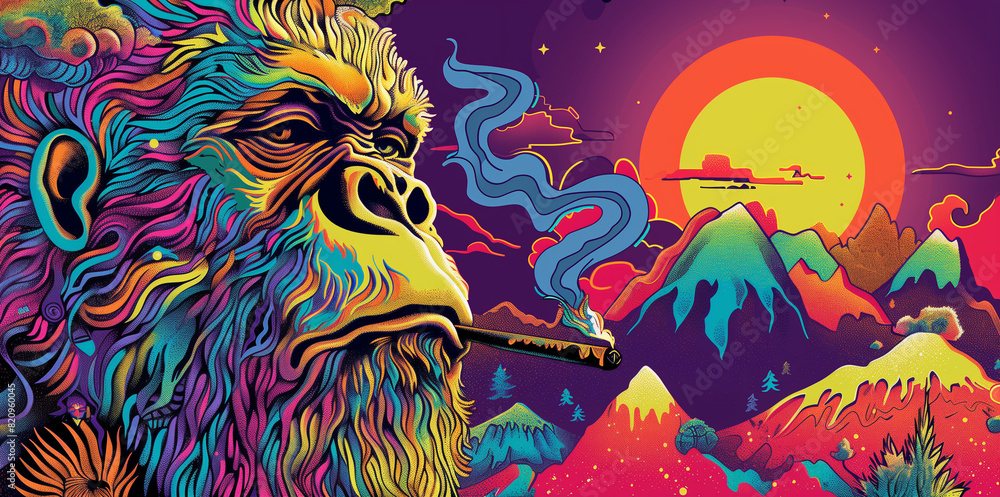 Bigfoot smoking a joint - vivid psychedelic style art of a sasquatch ...
