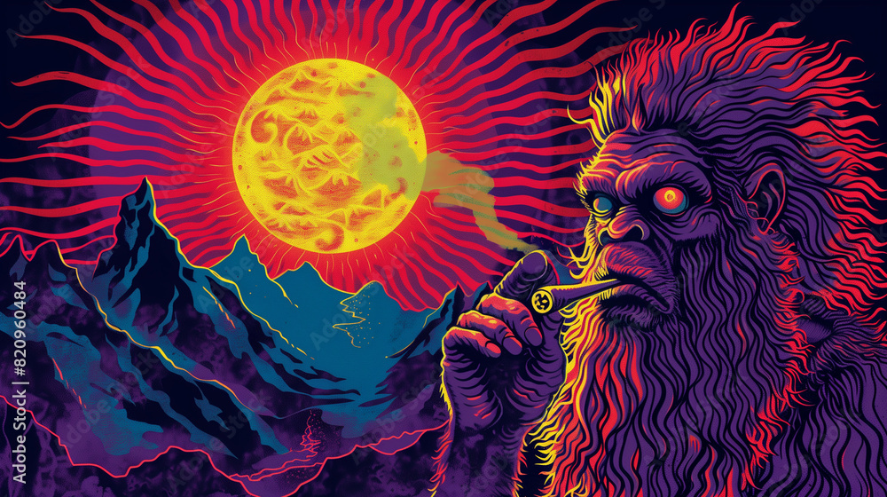 Bigfoot smoking a joint - vivid psychedelic style art of a sasquatch ...