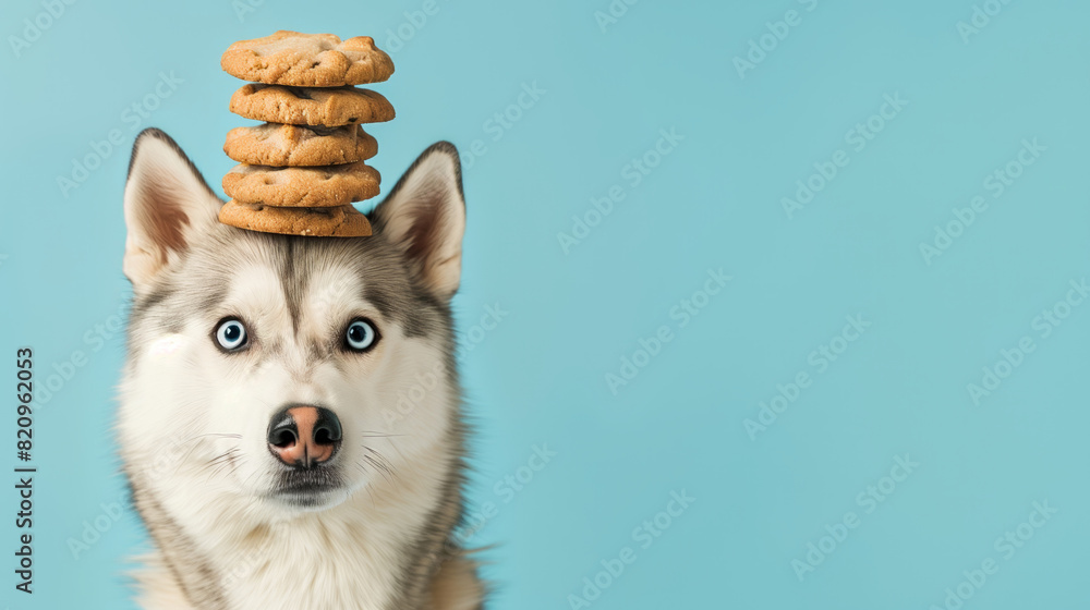 Siberian husky balancing a stack of cookies on its head on a blue ...