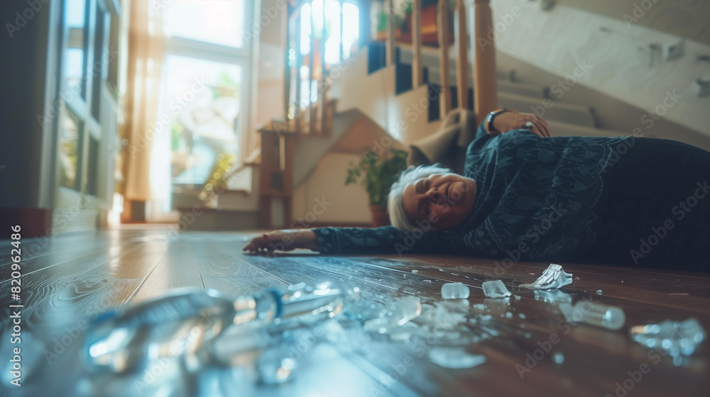 An old woman accidentally fainted or fell down the stairs in her house ...