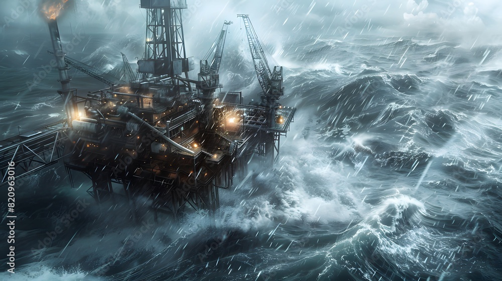 A storm-battered oil rig in the middle of a turbulent sea, its ...
