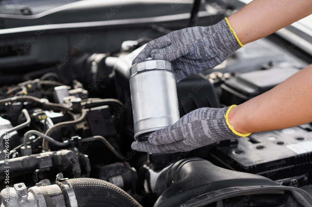 Man, car mechanic, holds in his hands fuel filter for diesel cars ...