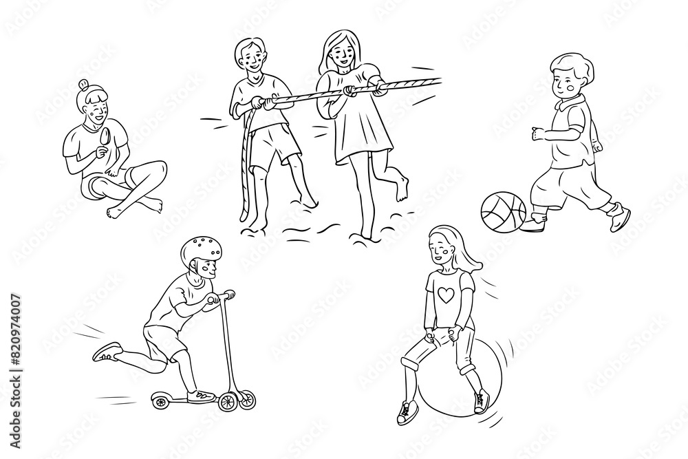 Happy Children doodles contour set. Childrens day concept. Monochrome ...