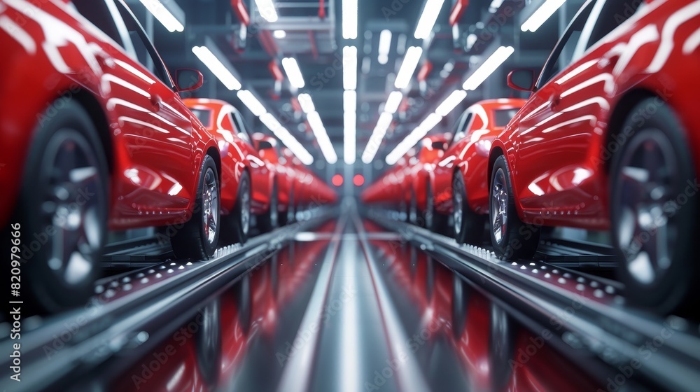 Red cars lined up on an automated production line in a car factory ...