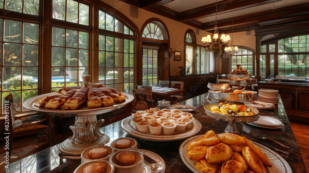 Exquisite buffet breakfast served in an elegant dining room, with a ...