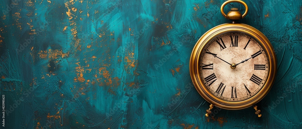 Vintage gold clock on textured teal background, symbolizing passage of ...