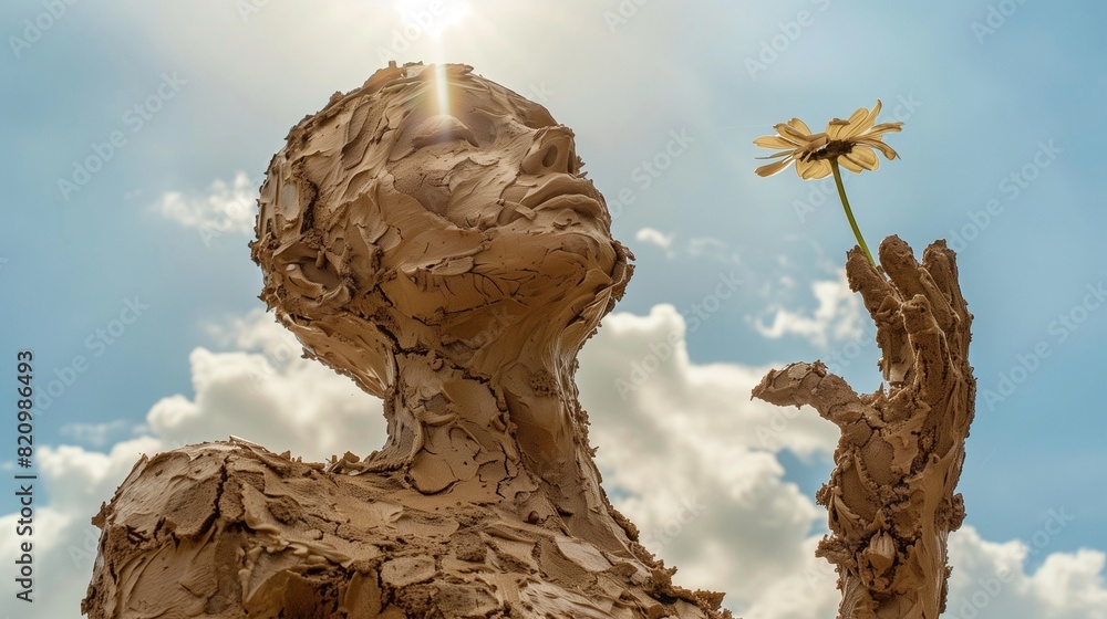 Photograph a handcrafted muddy sculpture resembling a human form with ...