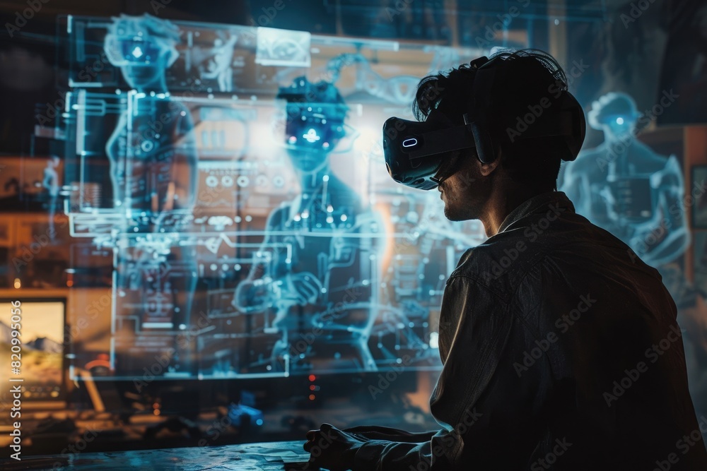 A cinematic scene where a filmmaker is using VR technology to ...