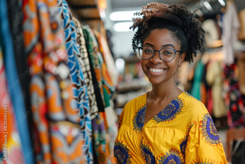 An African American woman showcasing her vibrant fashion collection ...