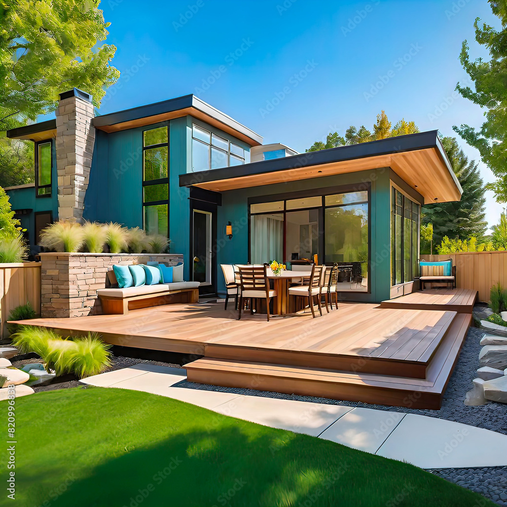 Contemporary home exterior with split level design with beige siding ...