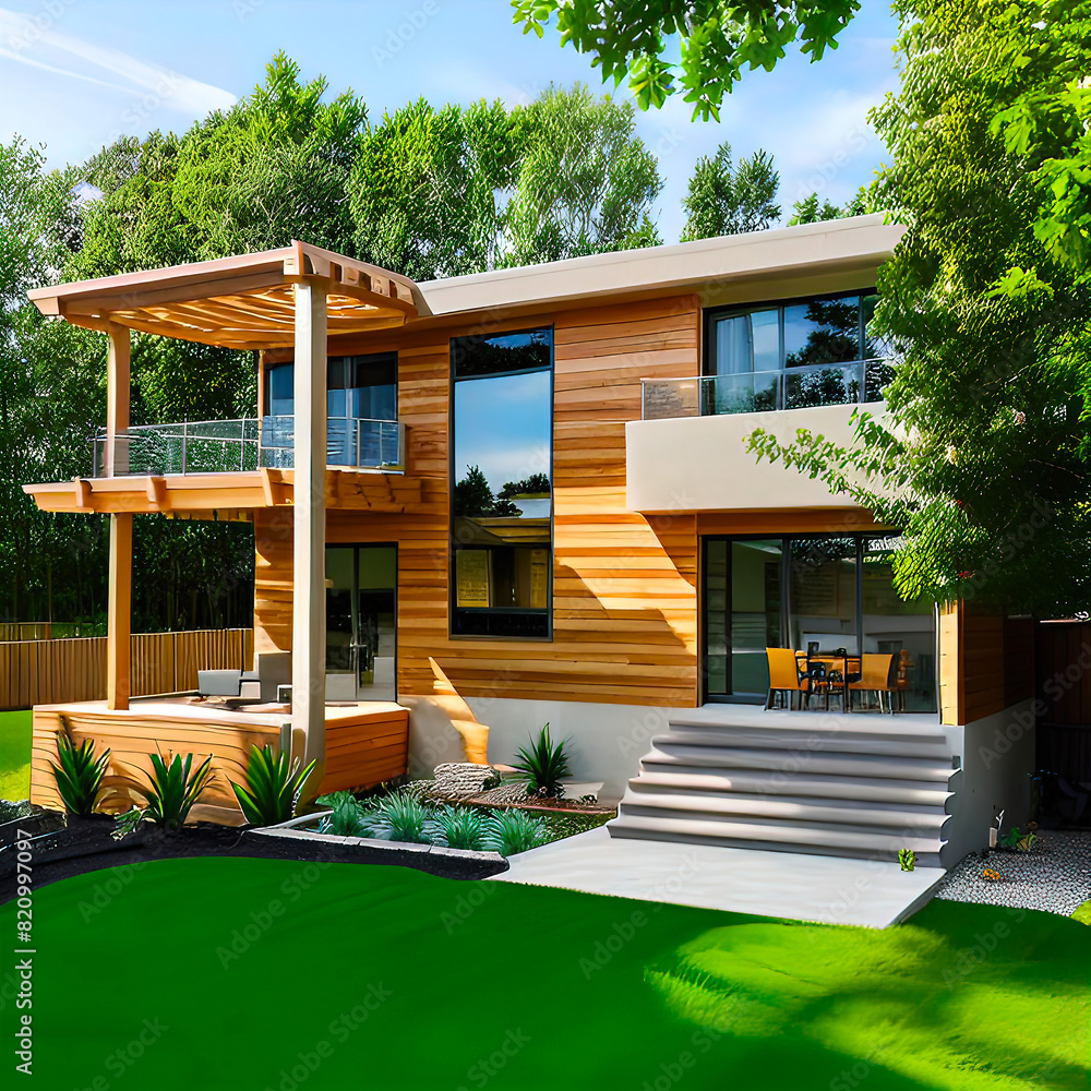 Contemporary home exterior with split level design with beige siding ...