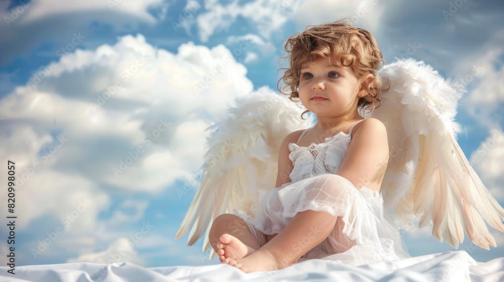Girl child dressed as a baby angel, complete with delicate, feathery ...