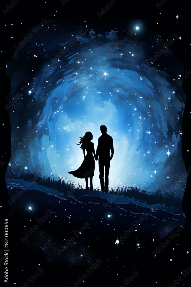 Silhouette of a couple holding hands, standing under a starry night sky ...