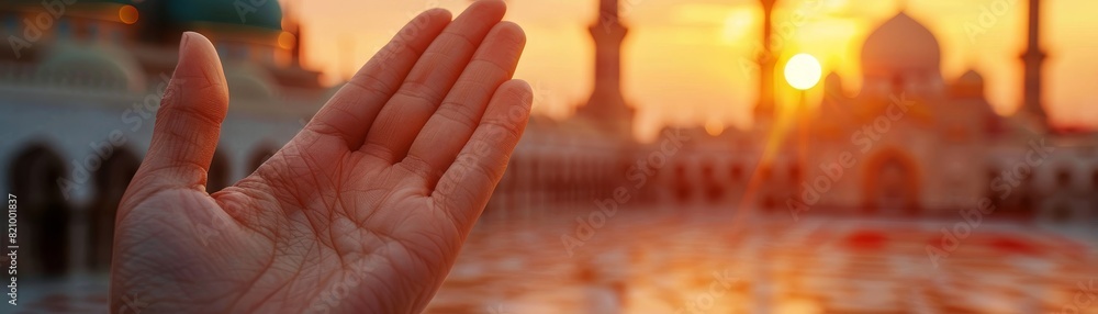 a person's hand making a dua prayer, with a blurred background of a ...