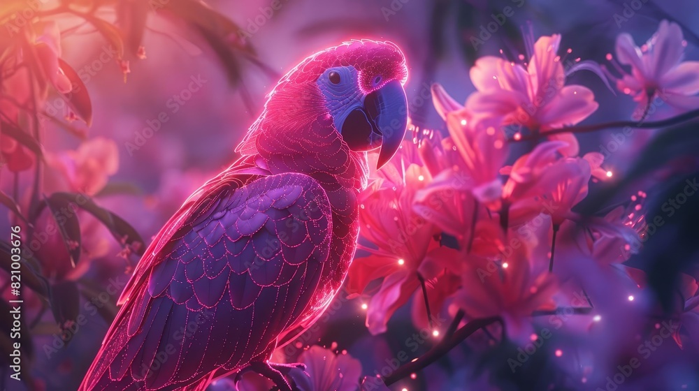 A Neon Pink glow Hyacinth Macaw silhouette in a nightscape, bold ...