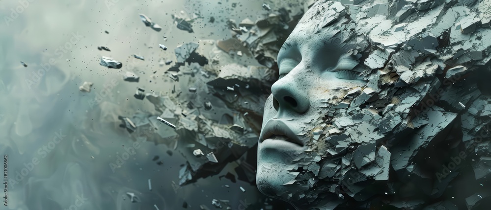 Capture a haunting, close-up portrait of a fracturing mind in a ...