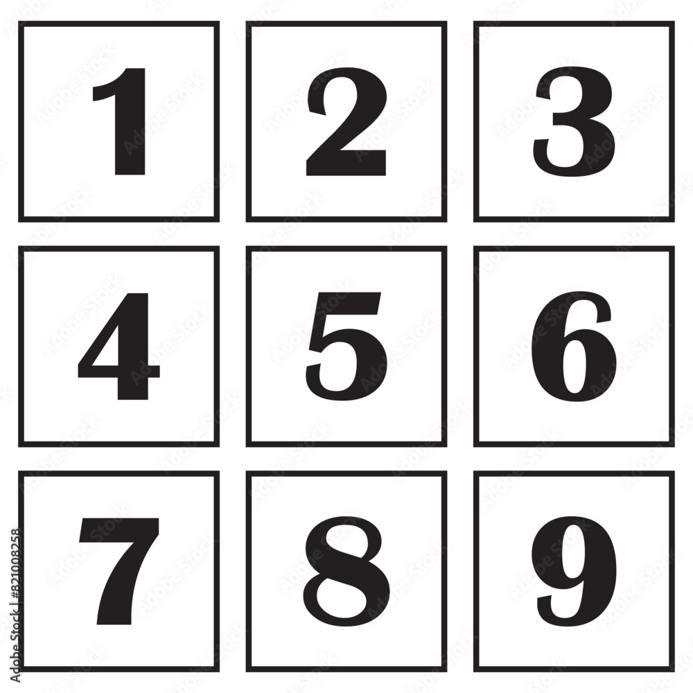 Black stroke. Square divided in 9 parts, into ninths. 3x3 grid ...