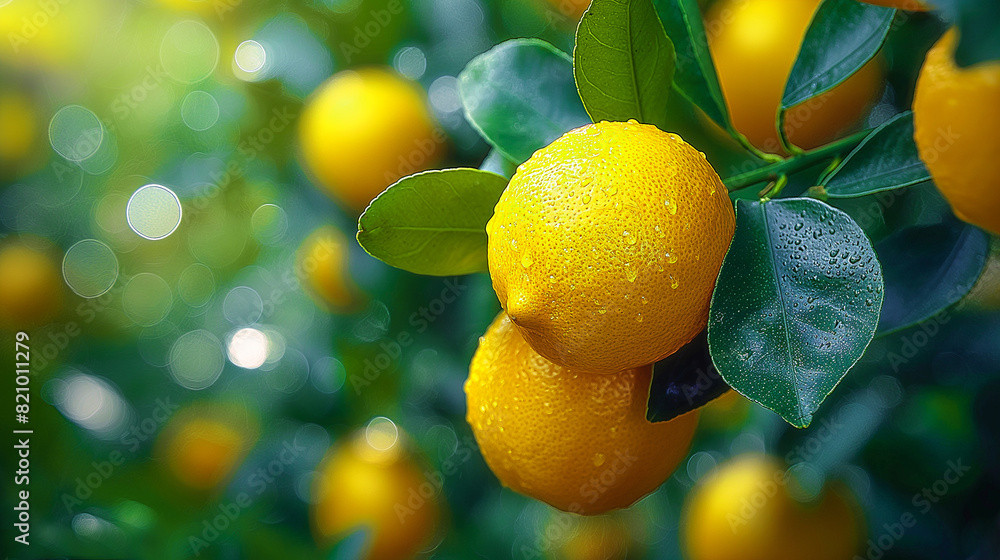 Ripe yellow lemons grow in a sunny summer garden. Ripe fragrant lemons ...