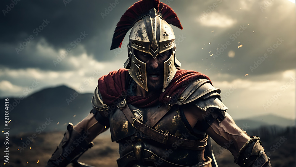 Ancient Spartan Warrior in Battle Armor Standing in a Rugged Landscape ...