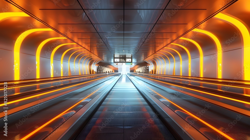 A long moving walkway in an airport terminal with orange and yellow ...