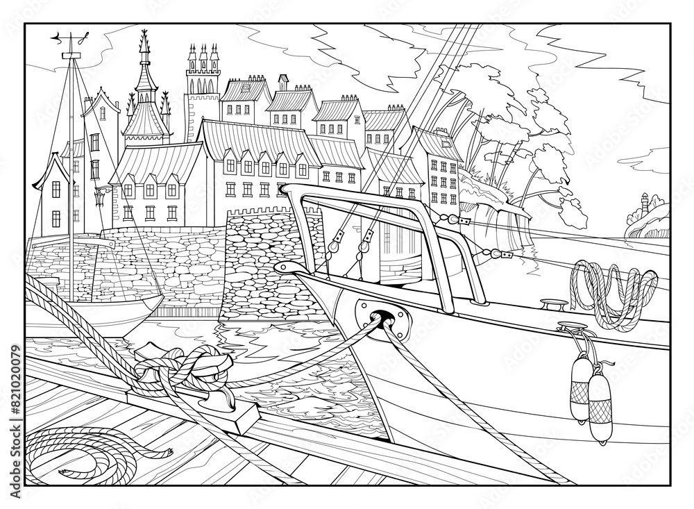 Fantasy illustration of seacoast and port landscape with sailboats and ...