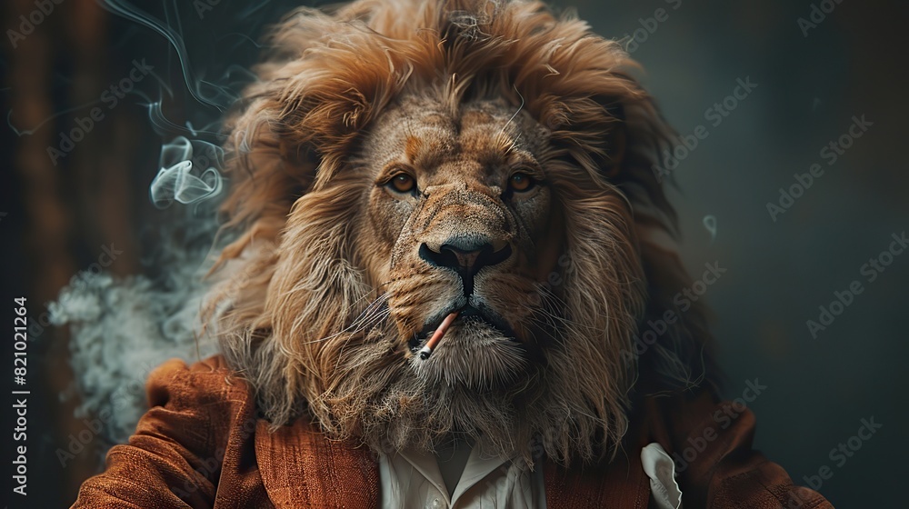 lion dressed in an elegant suit standing as a leader smoking a ...